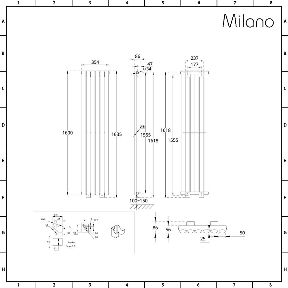 Milano Aruba - Black Vertical Designer Radiator 1600mm x 354mm (Single ...