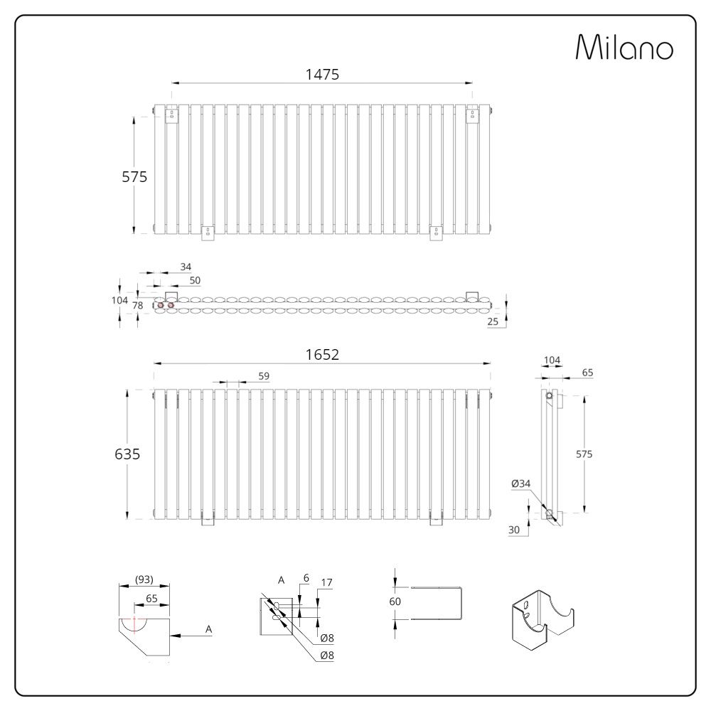 Milano Aruba - Black Horizontal Designer Double Radiator 635mm x 1652mm