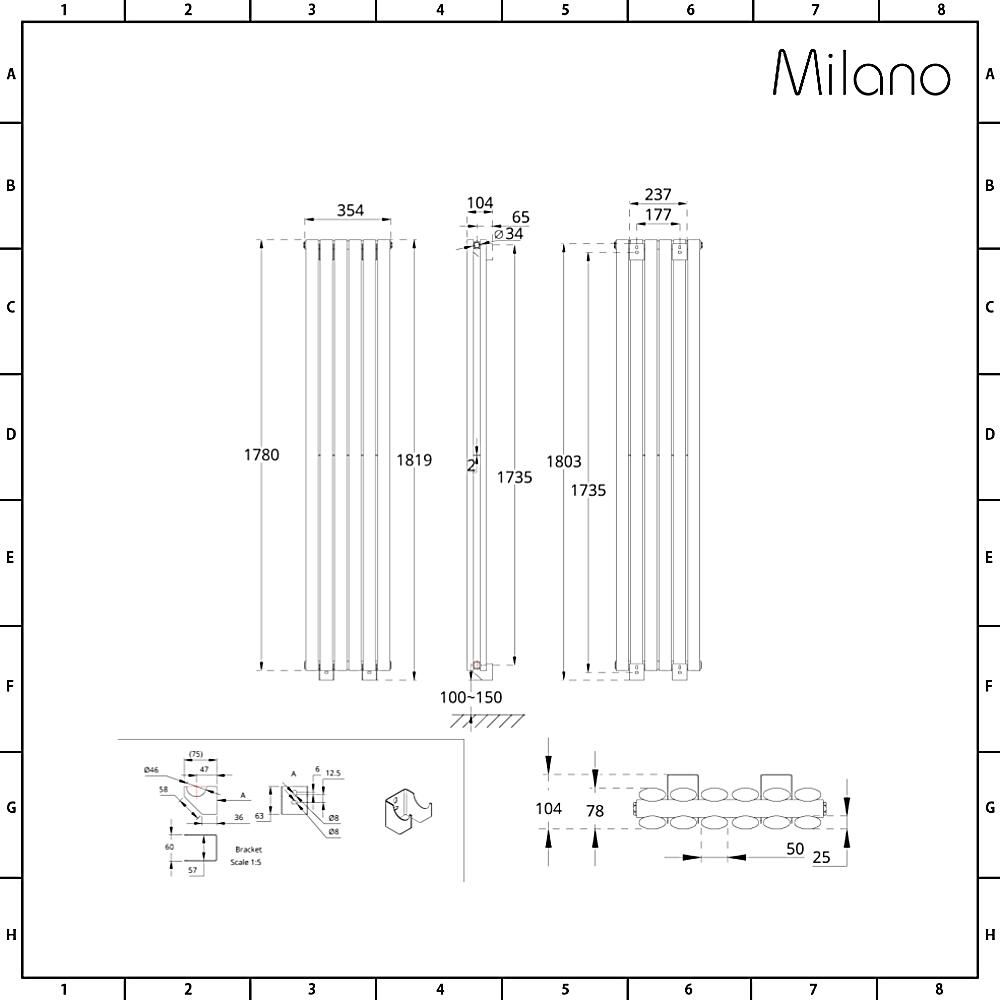 Milano Aruba - Black Vertical Designer Radiator 1780mm x 354mm (Double ...