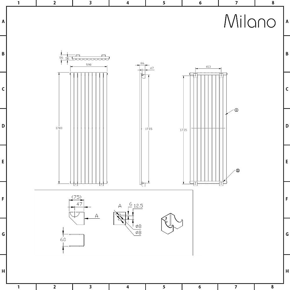 Milano Aruba - Black Vertical Designer Radiator 1780mm x 590mm (Single ...