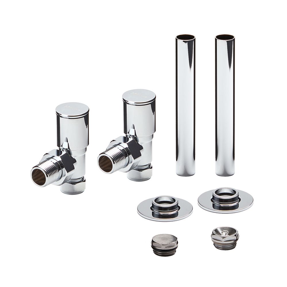 Milano - Modern Angled Radiator Valve and Pipe Sleeve Set - Chrome