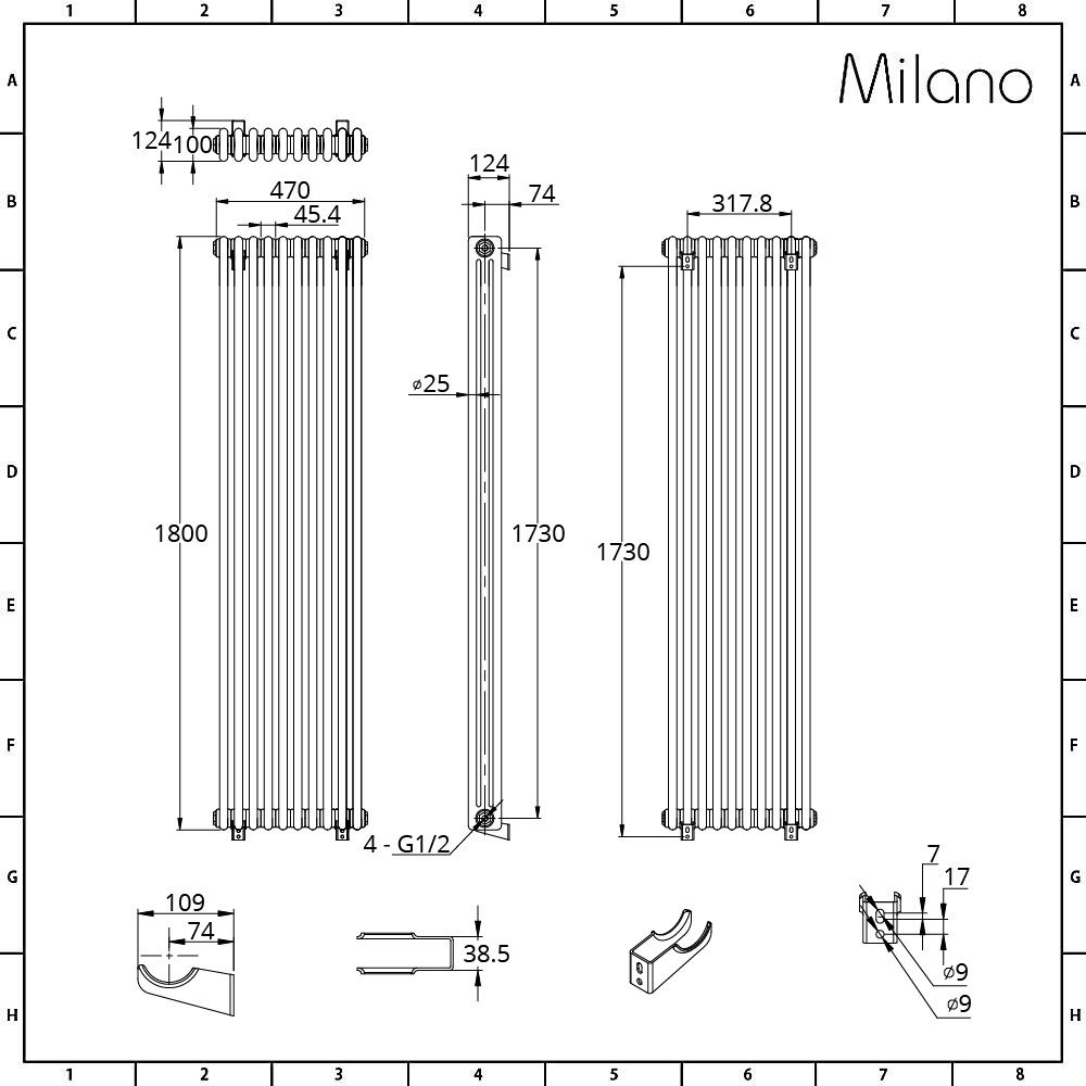 Milano Windsor - Lacquered Raw Metal Traditional Vertical Triple Column ...