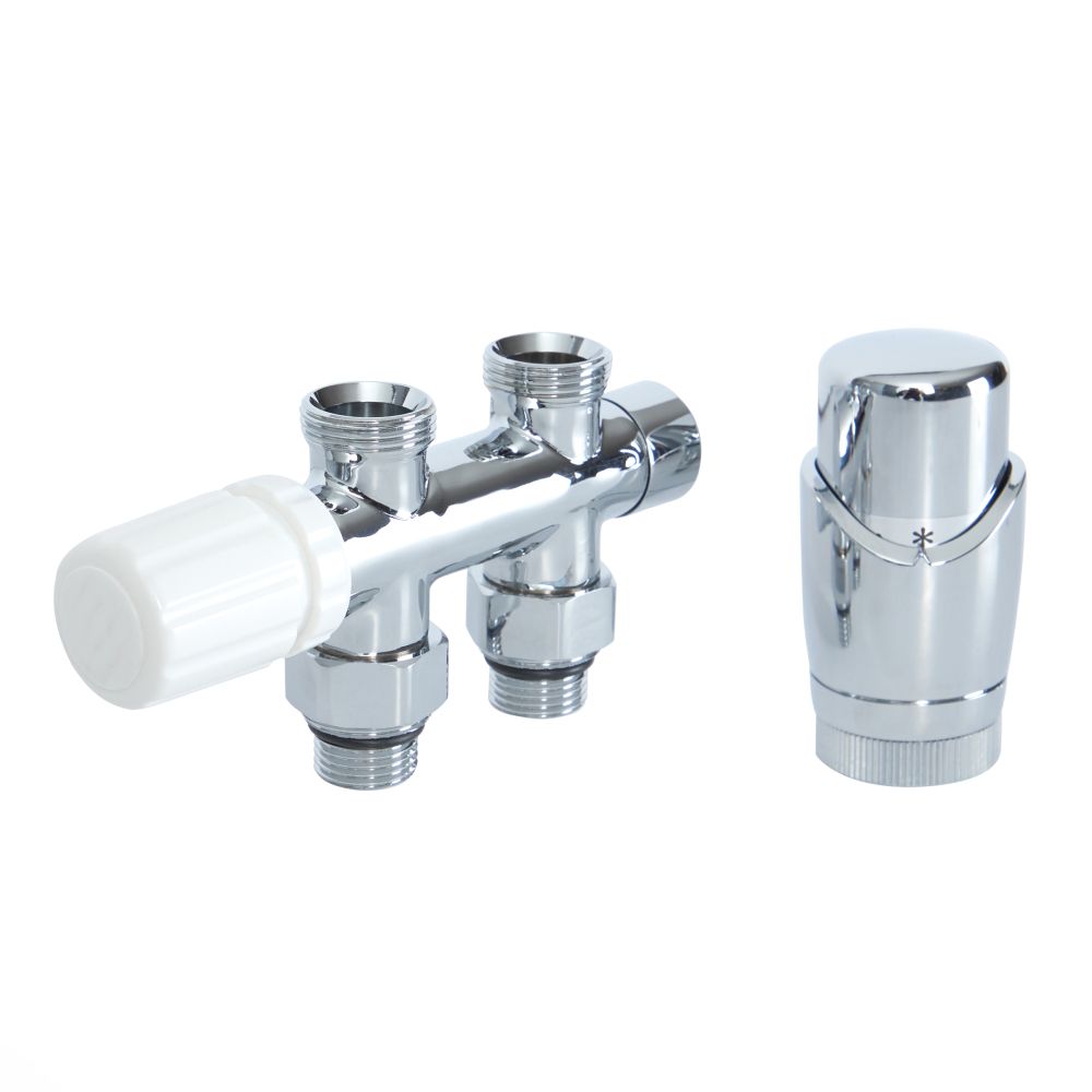 Chrome H Block Straight Valve with Chrome TRV & 15mm Copper Adapters