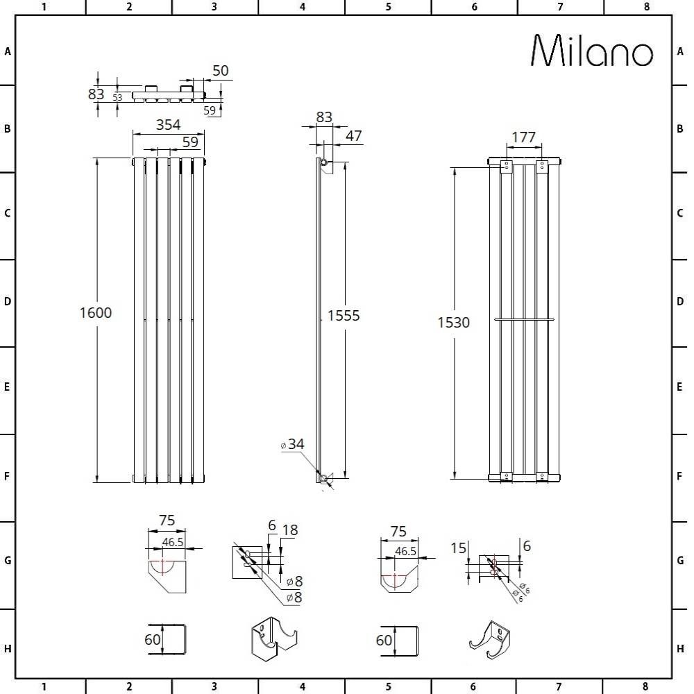 Milano Capri - Silver Designer Flat Panel Vertical Radiator 1600mm x ...