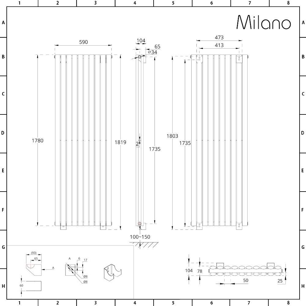 Milano Aruba - Light Grey Vertical Designer Radiator 1780mm x 590mm ...