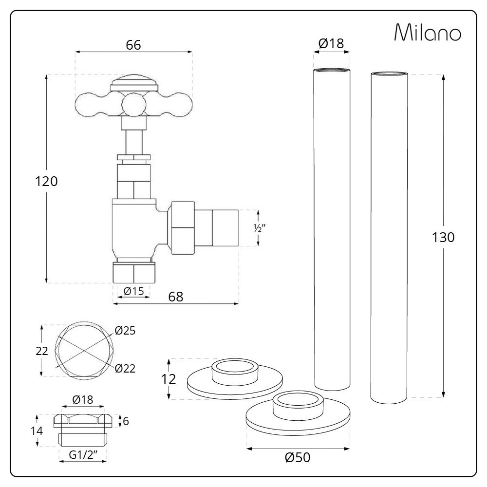 Milano - Chrome Traditional Angled Radiator Valve and Pipe Sleeve Set