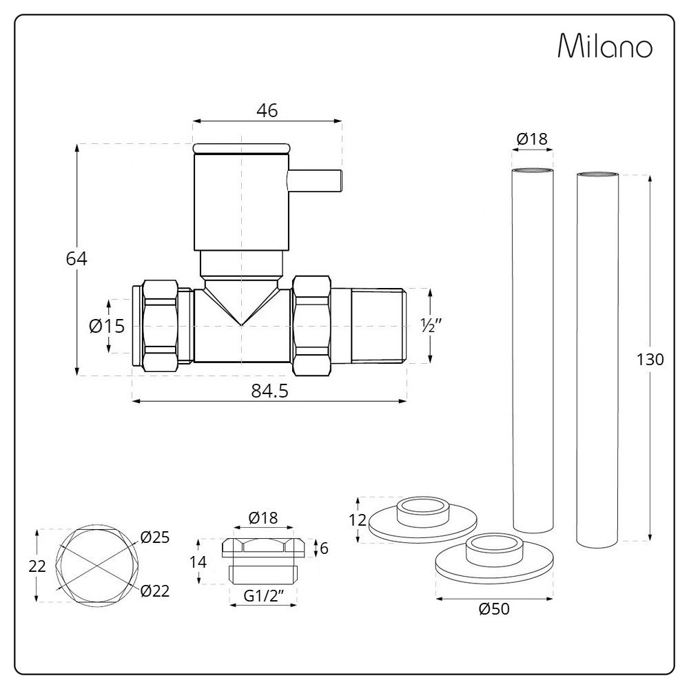 Milano - Chrome Minimalist Straight Radiator Valve and Pipe Sleeve Set